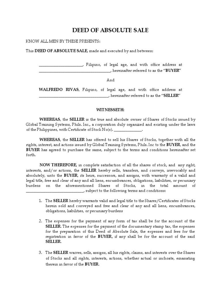 Sample Deed of Absolute Sale of Shares of Stock | PDF | Deed | Stocks