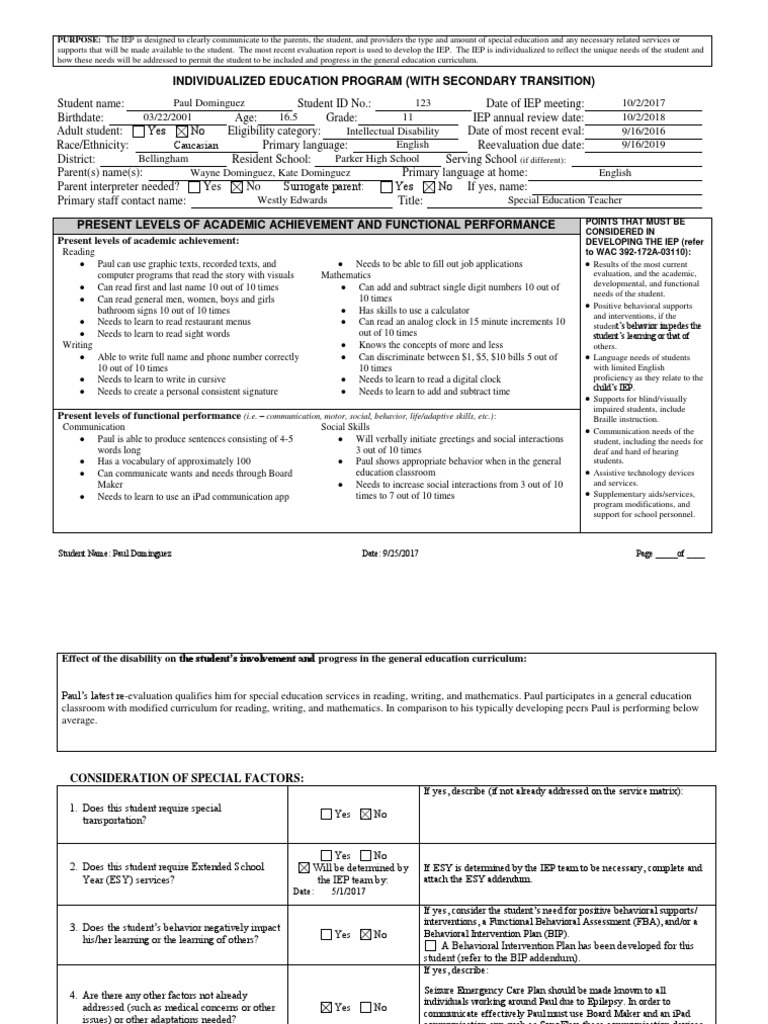 Individualized Education Program (With Secondary Transition) | PDF ...