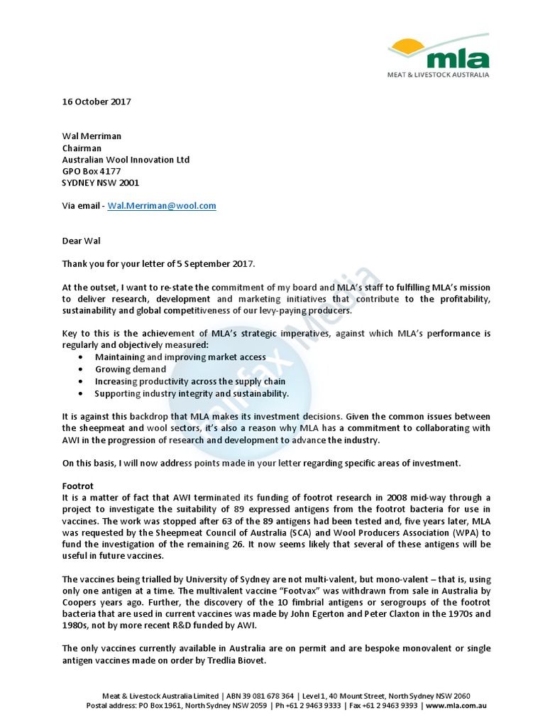 MLA Letter | PDF | Sheep | Wellness