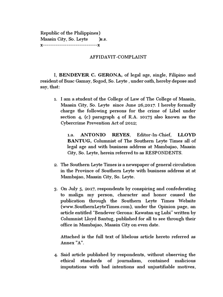 Cyber Libel Complaint by Bendever Gerona | PDF | Defamation | Common Law
