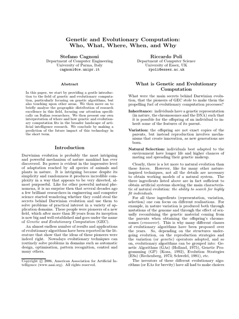 Genetic and Evolutionary Computation: Who, What, Where, When, and Why | Download Free PDF ...