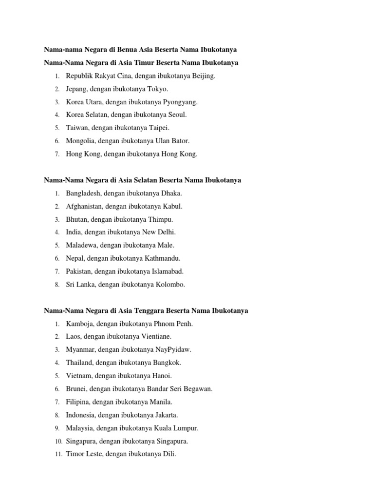Daftar Negara dan Ibukota di Asia | PDF