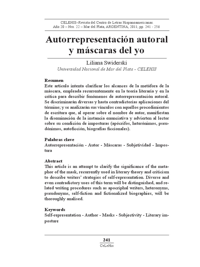 Swiderski - Autorrepresentación Autoral y Máscaras Del Yo | PDF | Autor ...