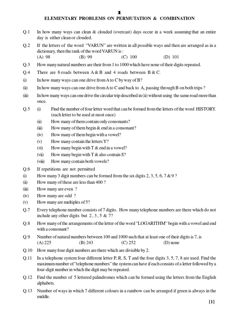 Elementary Problems on Permutation & Combination Solutions | PDF ...