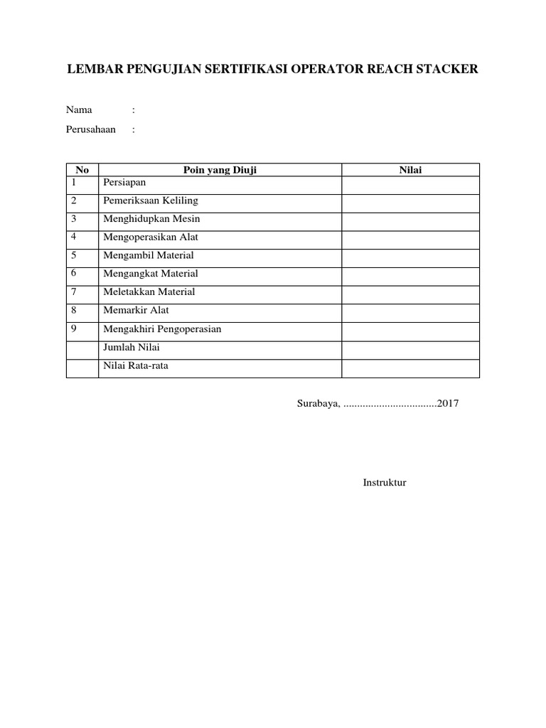 Lembar Pengujian Sertifikasi Operator Excavator | PDF