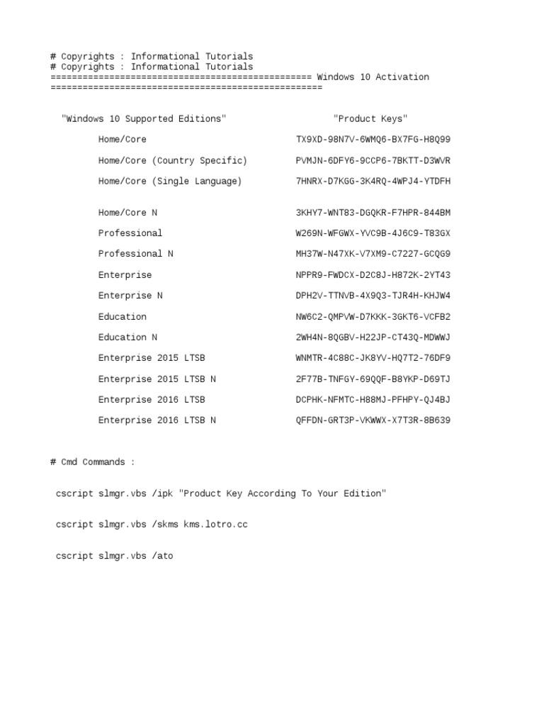 Windows 10 (All Editions) Activation Text File (Updated) | PDF ...