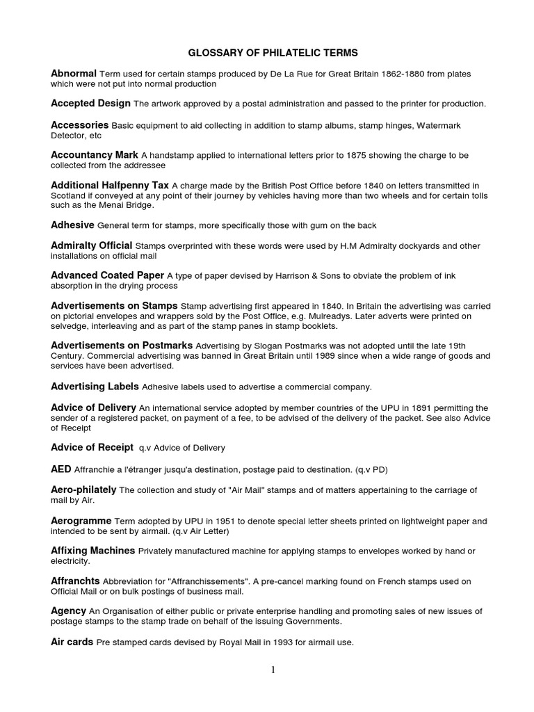 Glossary of Philatelic Terms | PDF | Postage Stamp | Mail