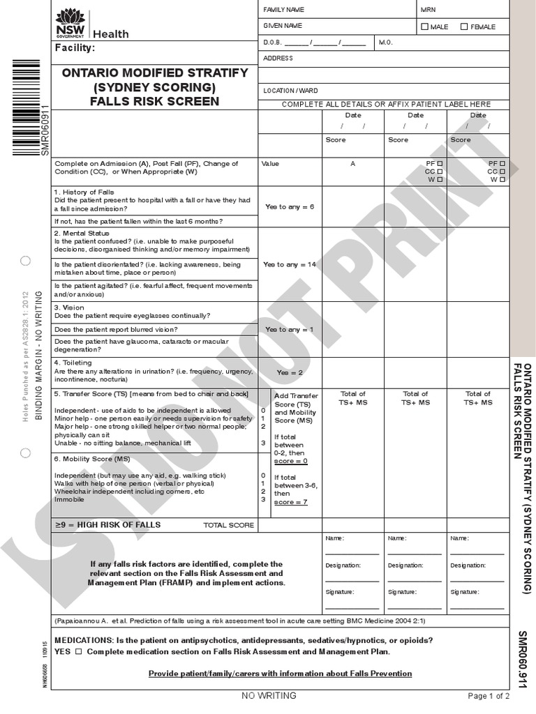 Ontario Modi Stratify Sydney Scoring Falls Risk Screen | PDF | Caregiver | Pharmaceutical Drug