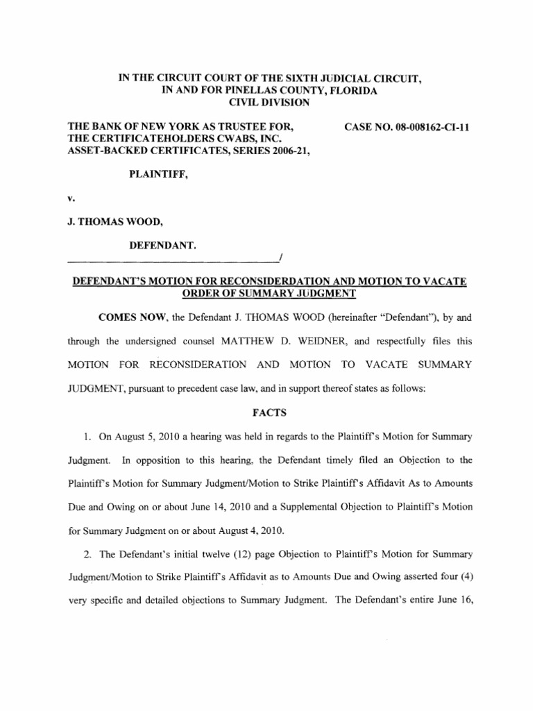 Motion to Vacate Summary Judgment | PDF | Affidavit | Summary Judgment
