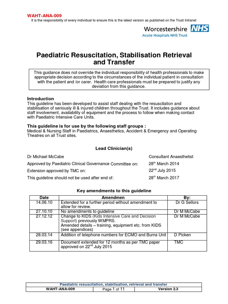 Paediatric Resuscitation, Stabilisation Retrieval and Transfer | PDF ...