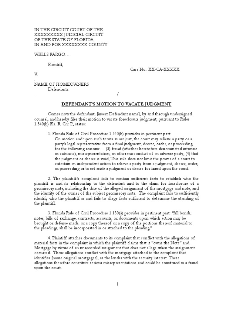 Florida Motion to Vacate Judgment | Standing (Law) | Complaint | Free ...
