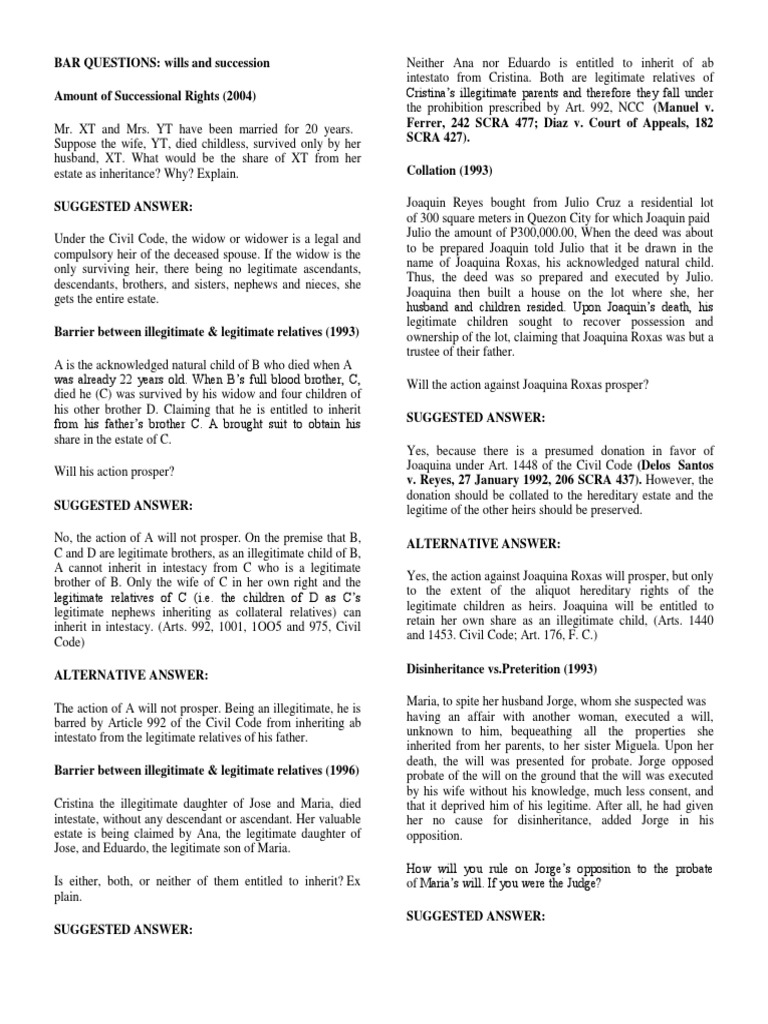 BAR QUESTIONS: Wills and Succession | PDF | Will And Testament | Intestacy