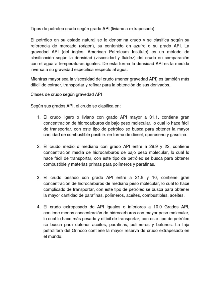 Tipos de Petróleo Crudo Según Grado API | PDF | Petróleo | Hidrocarburos
