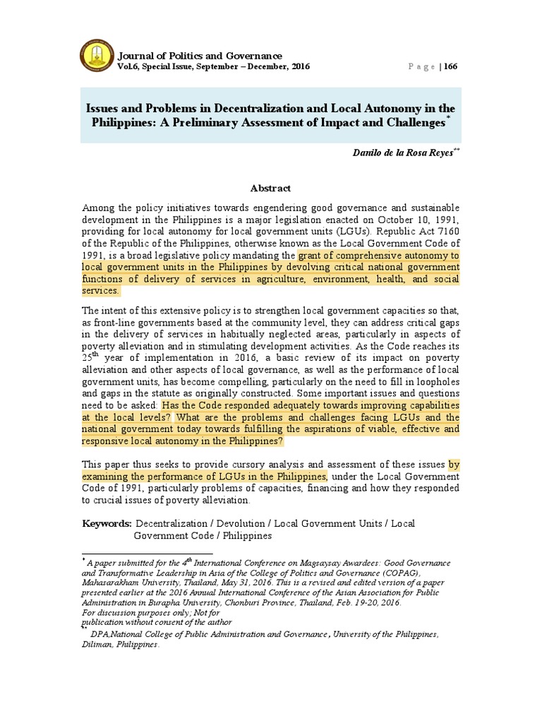 Issues and Problems in Decentralization and Local Autonomy in The ...