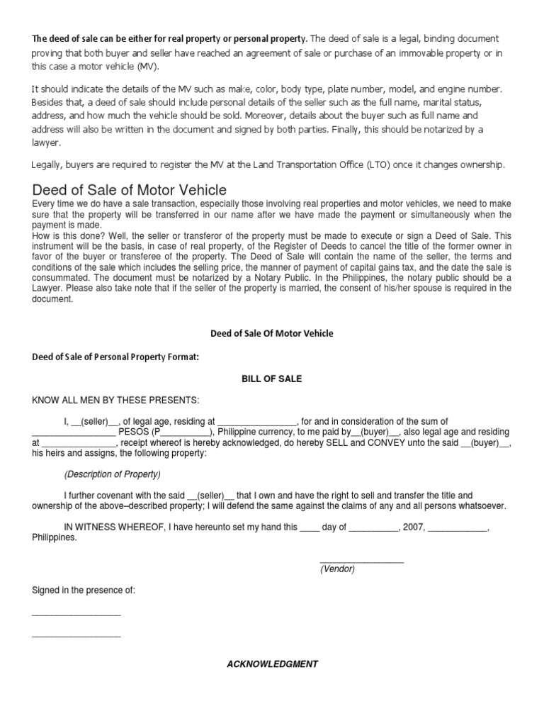 Notes On Deed of Sale of Motor Vehicle | PDF | Deed | Notary Public