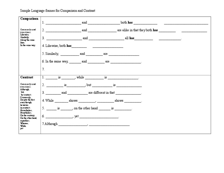 Language Frames for Comparison & Contrast | PDF