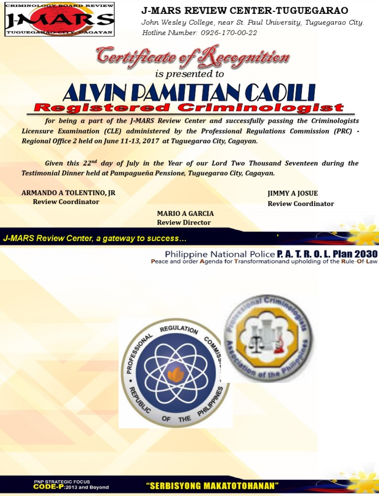 Certificate of Recognition for Passing the Criminologists Licensure ...