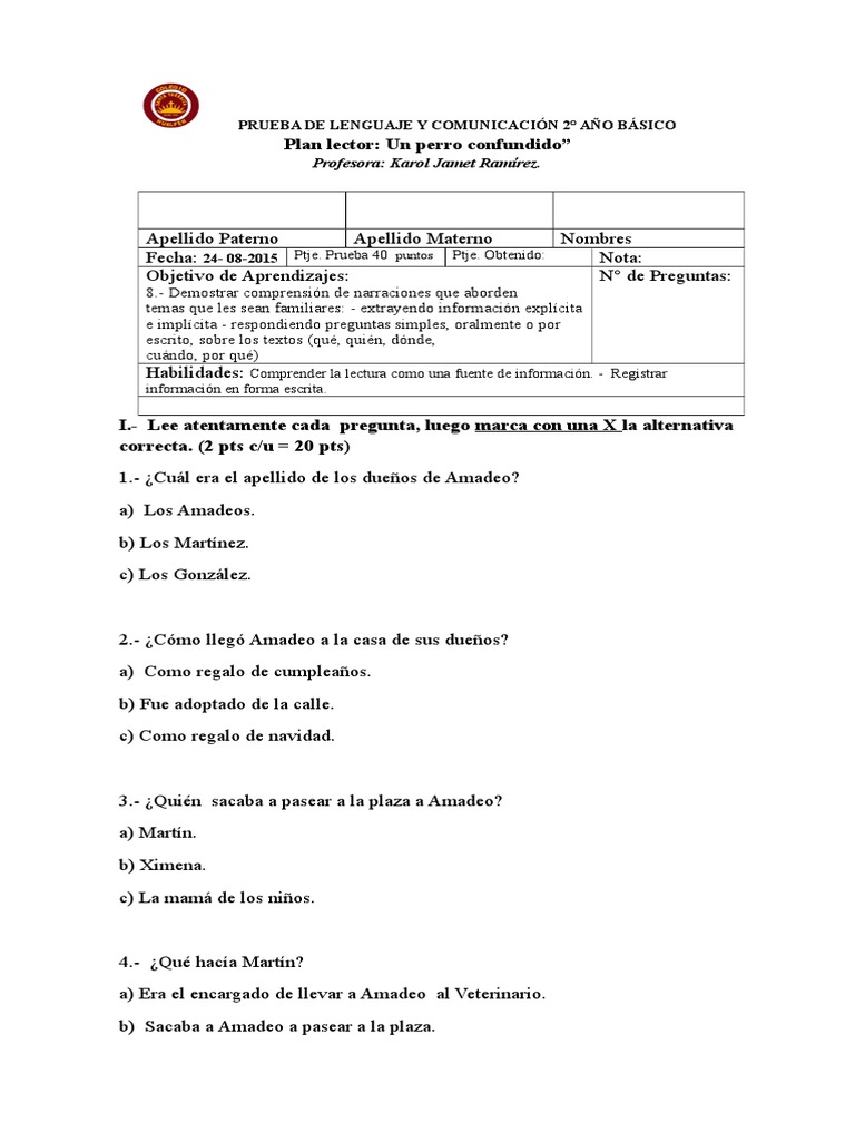 Prueba-Un-Perro-Confundido 2° | PDF | Adjetivo