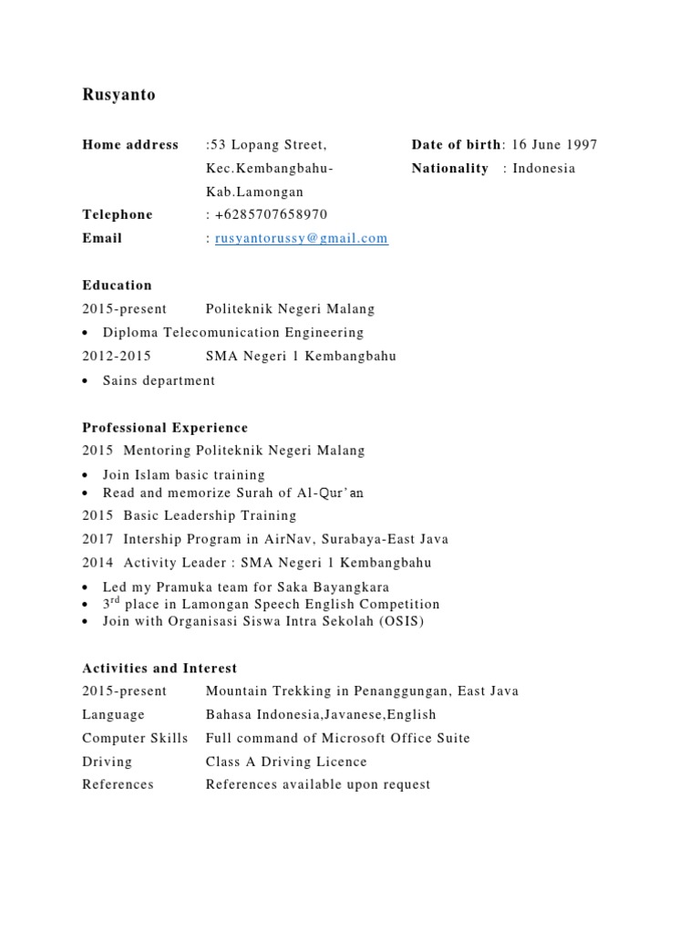 Resume of Rusyanto, Telecom Engineer | PDF | Career & Growth