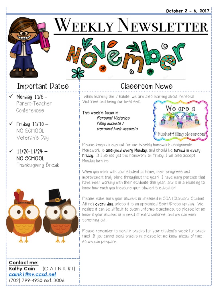 Weekly Newsletter: Important Dates Classroom News | PDF | Homework ...