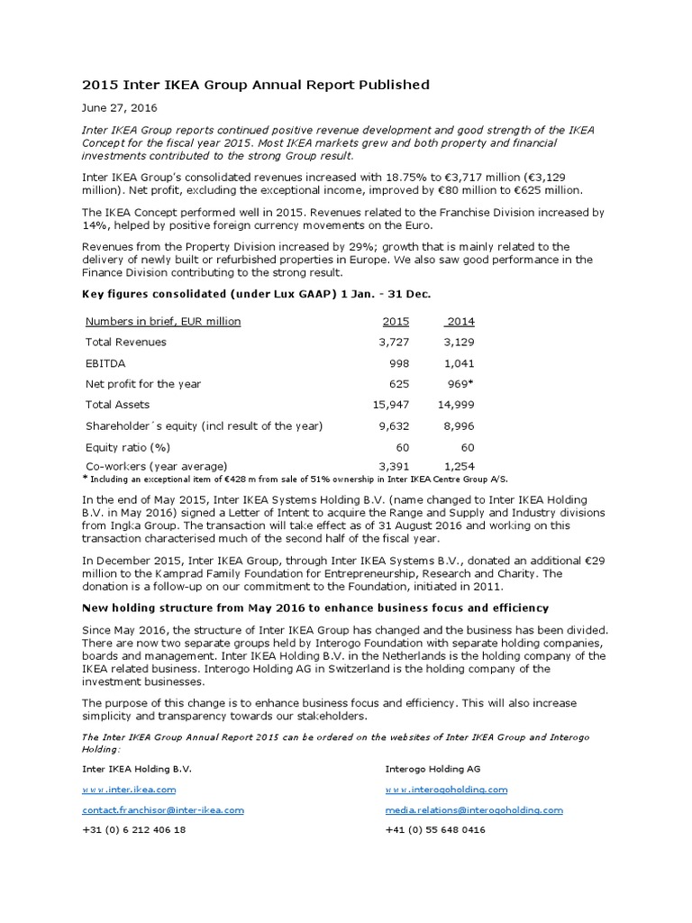 Inter IKEA Group Annual Report 2015 | PDF | Revenue | Economies