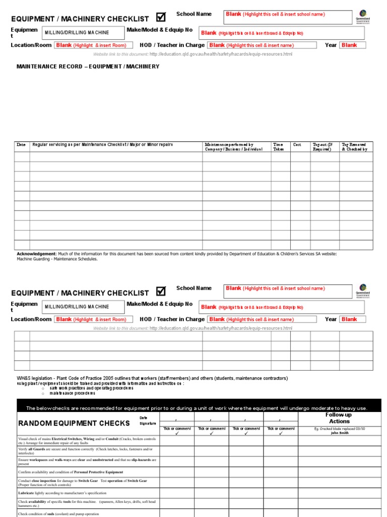 Equipment / Machinery Checklist: Blank | PDF | Belt (Mechanical) | Drilling