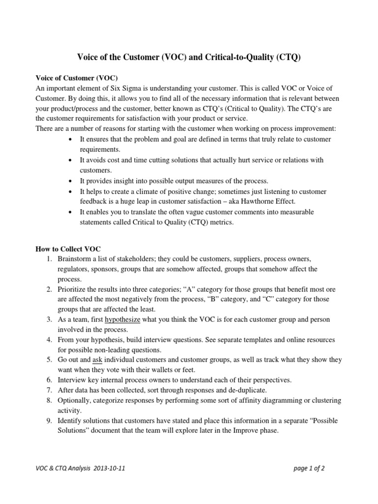 Voice of The Customer (VOC) and Critical-to-Quality (CTQ) | PDF | Six ...