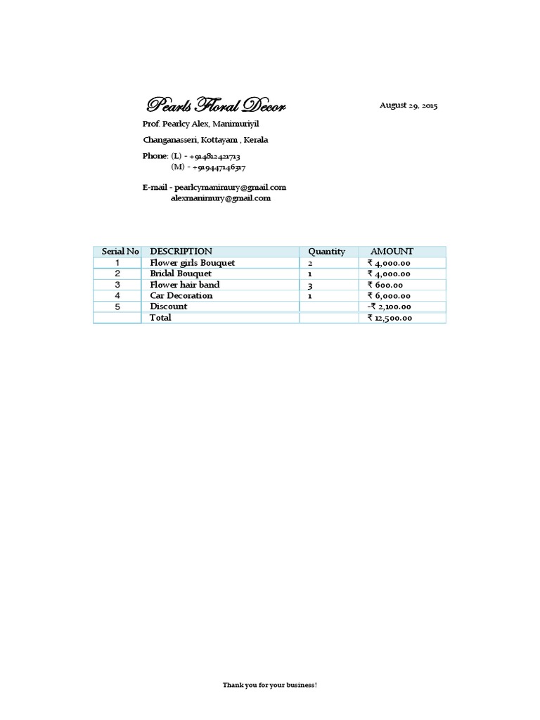 Pearls Floral Decor Invoice Summary | PDF