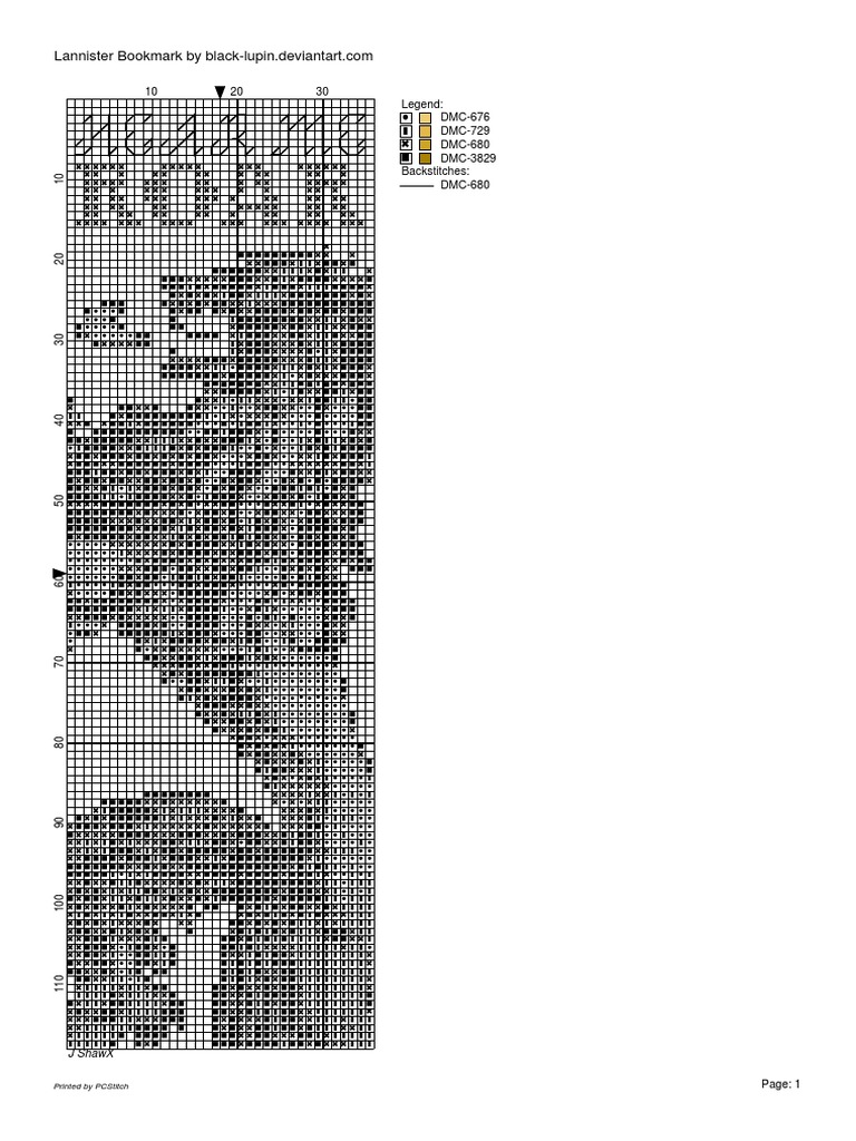 10 20 30 Legend: ! DMC-676 R DMC-729) DMC-680 DMC-3829 Backstitches ...