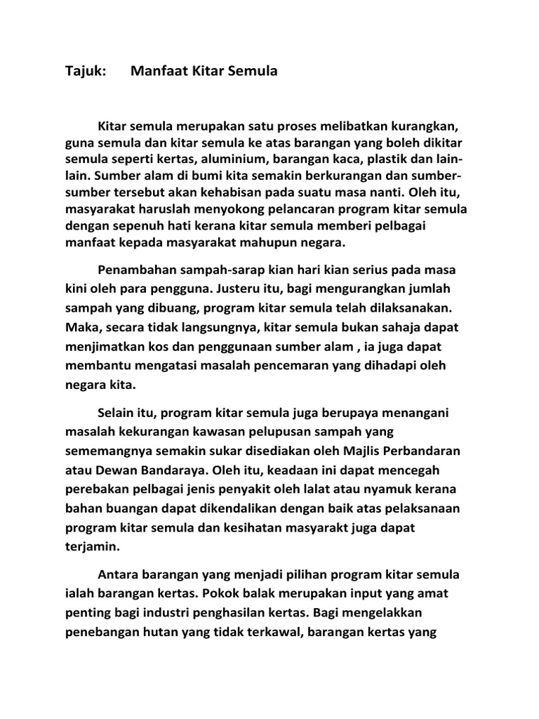 Kitar Semula Merupakan Satu Proses Melibatkan 3R Iaitu | PDF ...