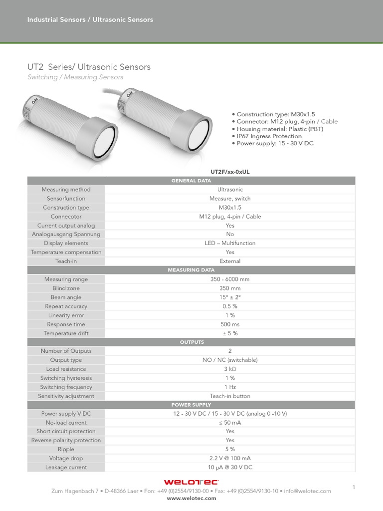 UT2 Ultrasonic Sensors | PDF | Power Supply | Sensor