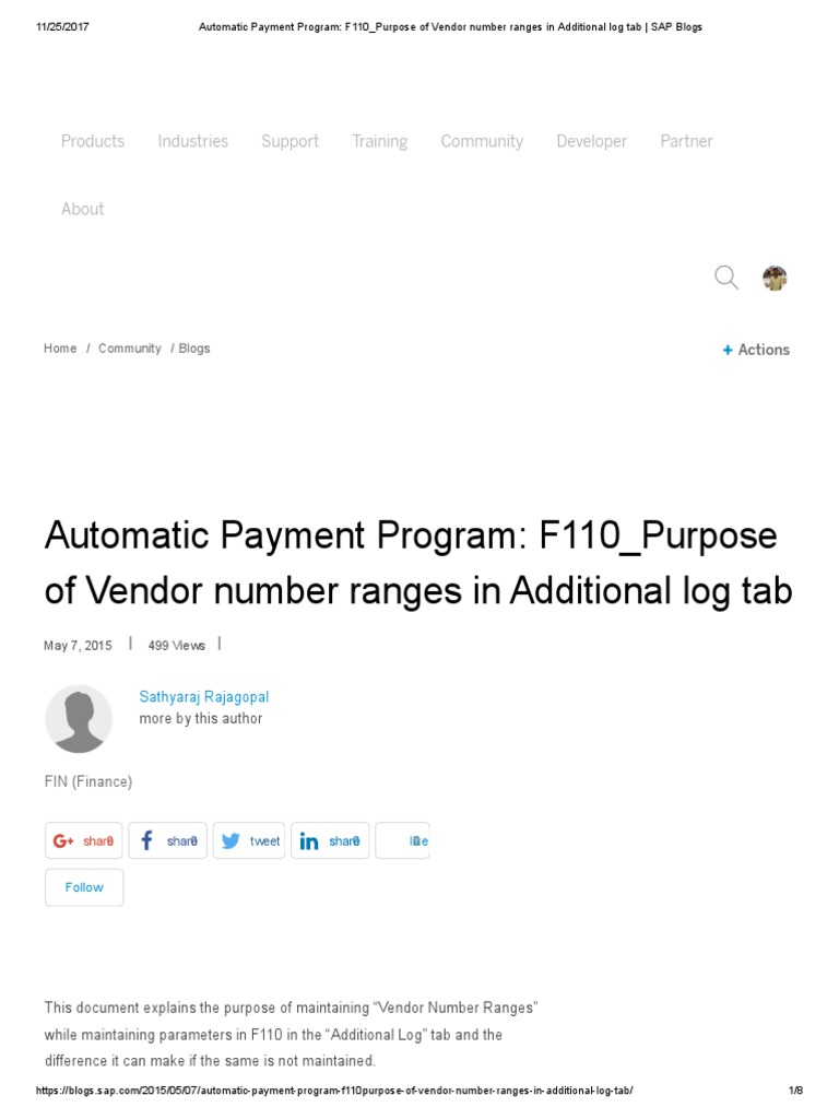 Automatic Payment Program - F110 - Purpose of Vendor Number Ranges in ...