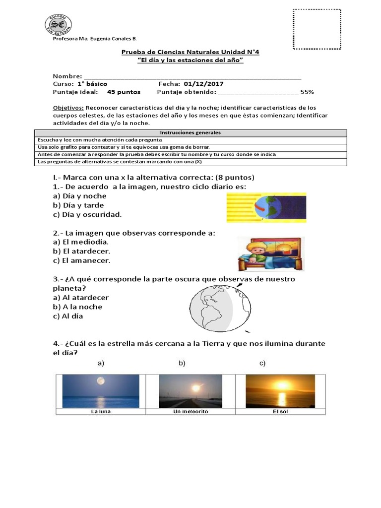 Prueba Ciencias Naturales Unidad 4 El Día y Las Estaciones | PDF ...