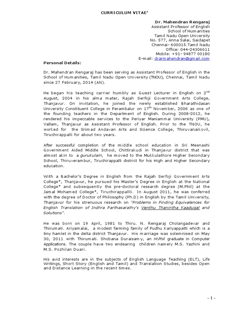 DR RM-CV | Download Free PDF | Doctor Of Philosophy | Tamil Nadu