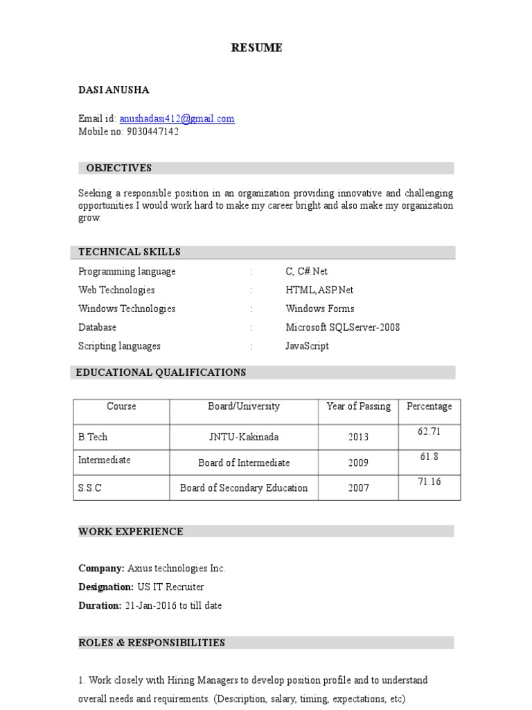 Anusha Resume 1 | PDF | Low Density Parity Check Code | Recruitment