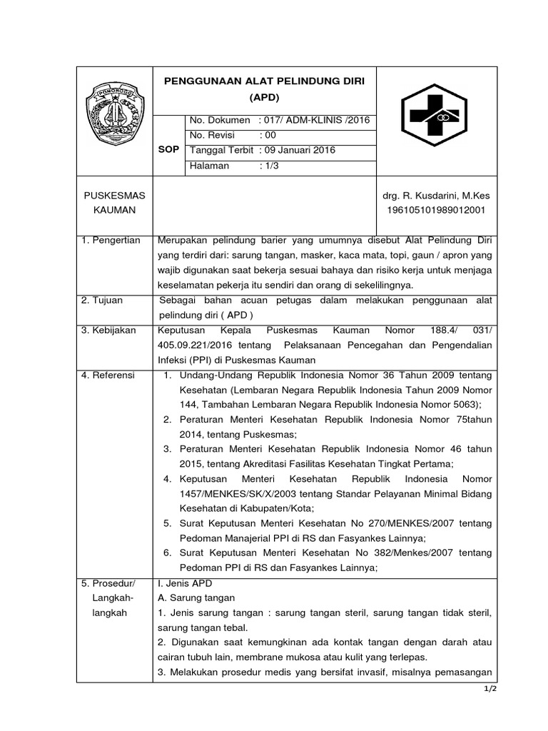 Sop Penggunaan Alat Pelindung Diri (Apd) | PDF