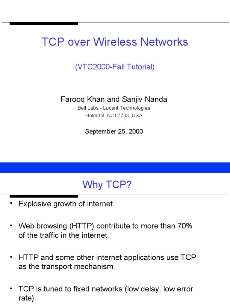 TCP Over Wireless Networks: (VTC2000-Fall Tutorial) | PDF ...