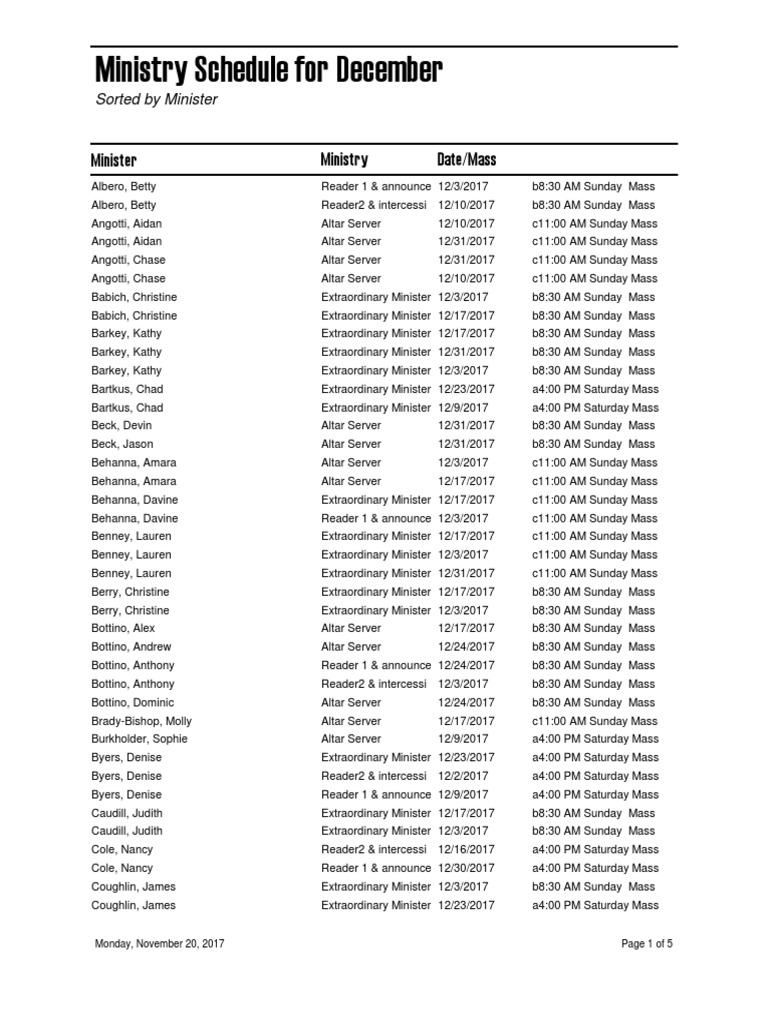 Ministry Schedule - December 2017 | PDF | Religious Rituals | Catholic ...