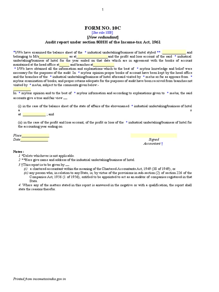 Form No. 10C: (Now Redundant) Audit Report Under Section 80HH of The ...