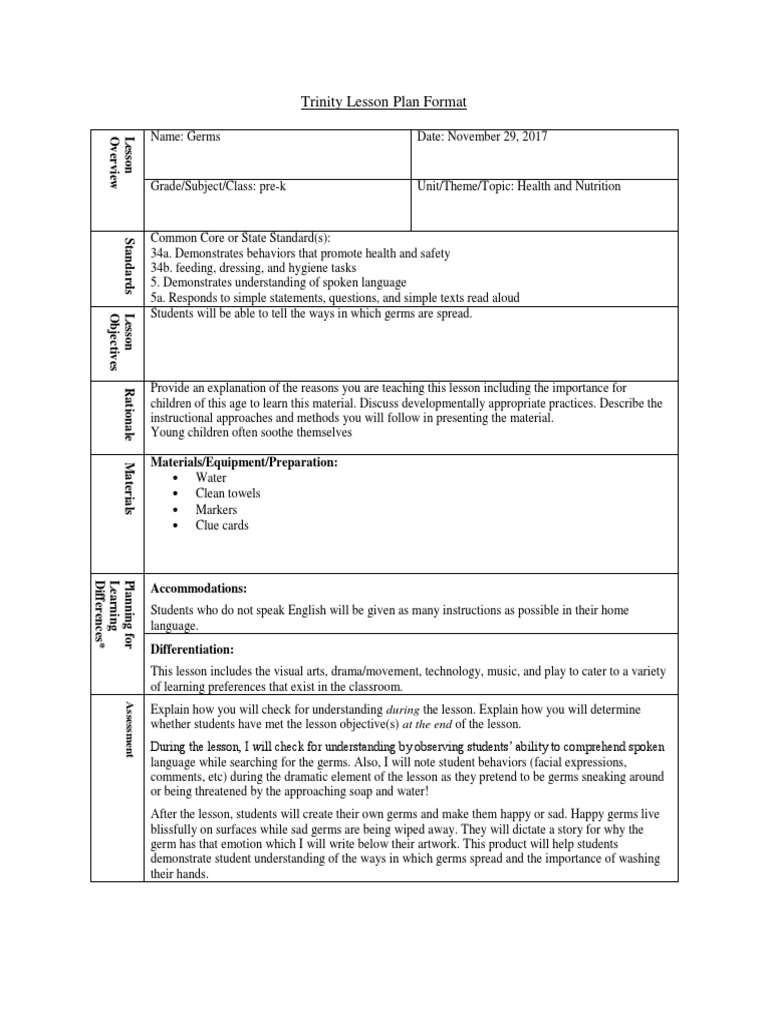 Trinity Lesson Plan Format: Materials/Equipment/Preparation | Download ...