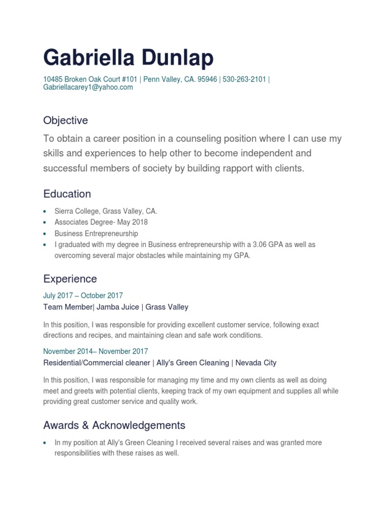 Gabriella Dunlap's Counseling Career Resume | PDF | Career & Growth ...