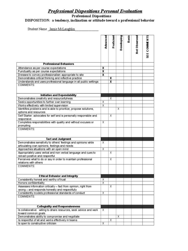 Professional Dispositions Rating Sheet-2 | PDF | Reflective Practice ...