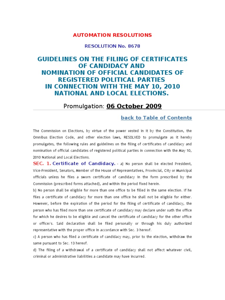 Guidelines on Filing Certificates of Candidacy and Nomination of ...