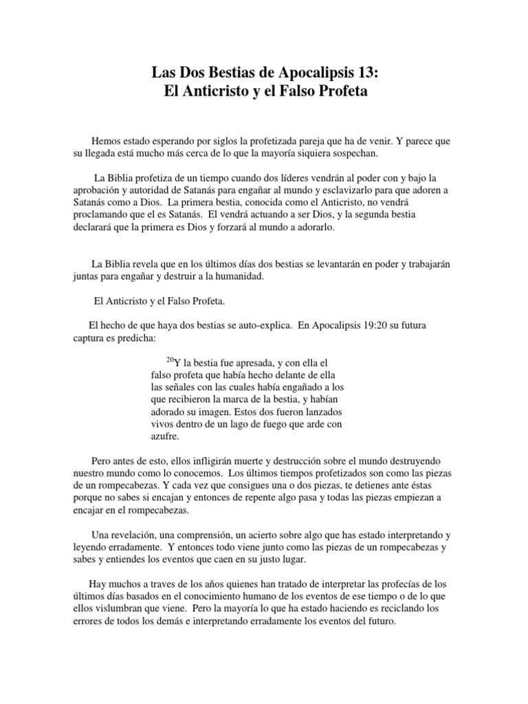 Las Dos Bestias De Apocalipsis 13 Pdf Antecristo Número De La Bestia