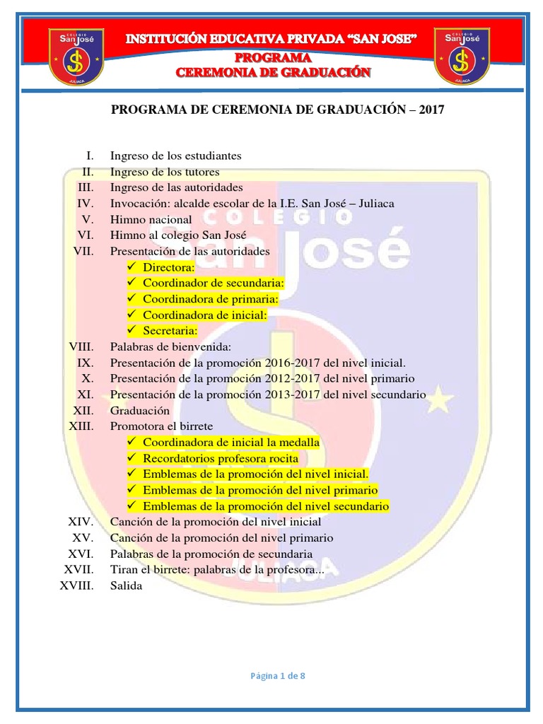Programa De Ceremonia De Graduacion Del Colegio San Jose Juliaca 2017