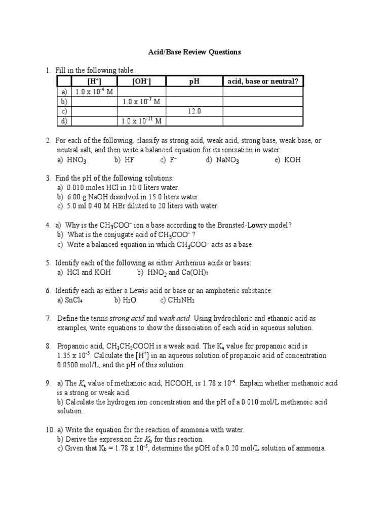 8 Acid Base Review Questions | PDF | Acid | Molar Concentration