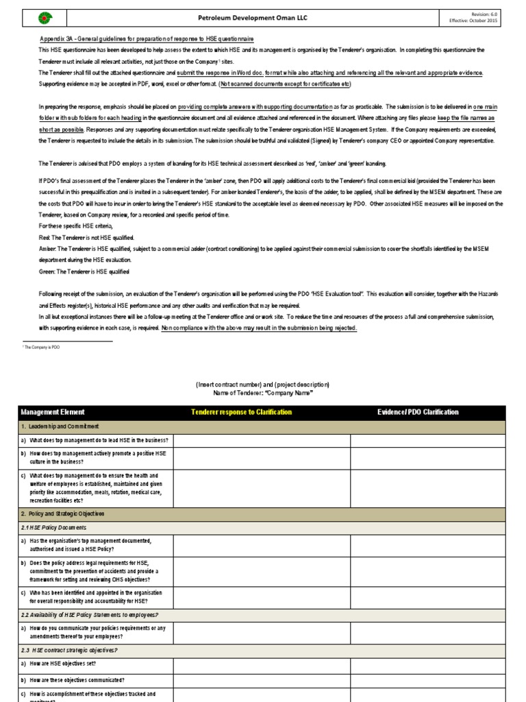 HSE Capability Questionnaire 01-10-2015 v6 | PDF | Occupational Safety ...