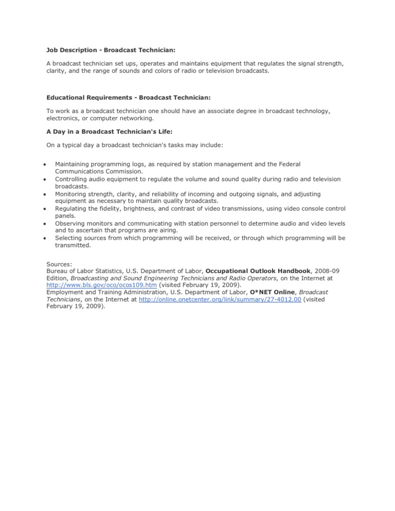 Job Description-Broadcast Technician | PDF | Technology & Engineering