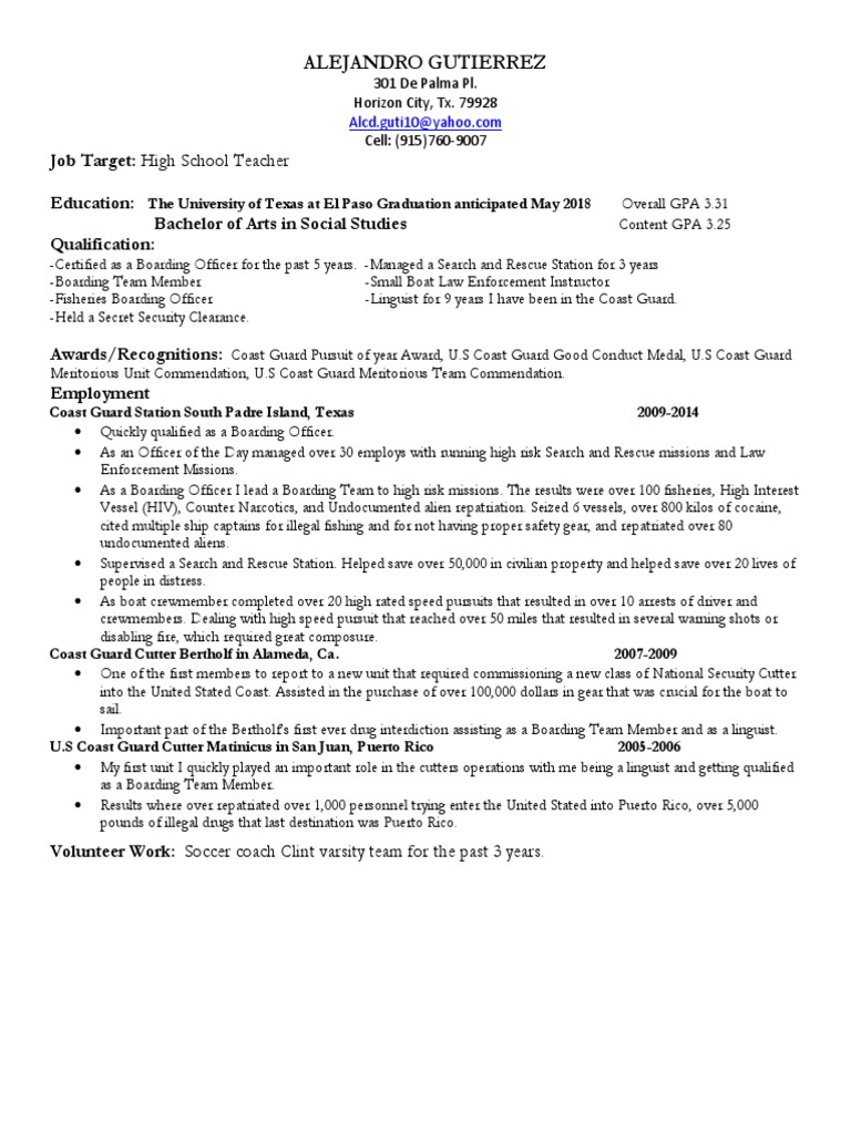 Alejandro Gutierrez Resume | PDF | Cutter (Boat) | United States Coast ...