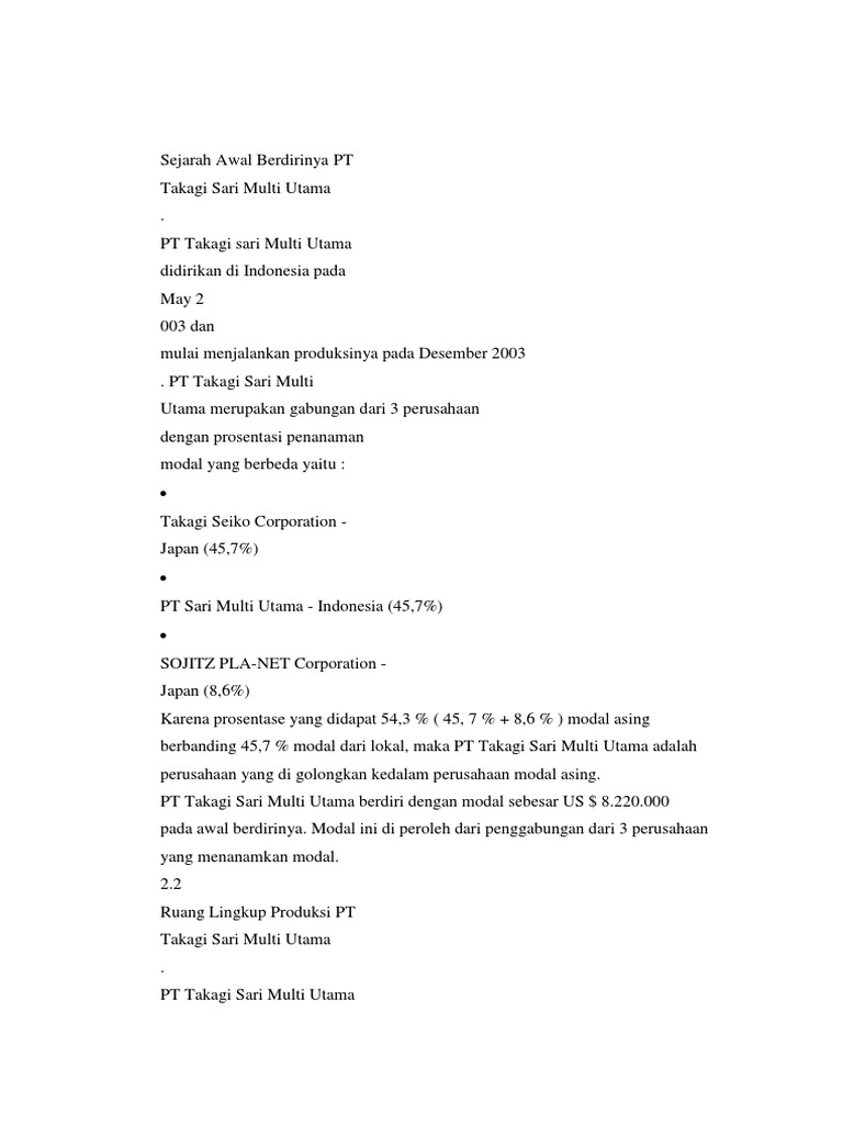 THE ESTABLISHMENT OF PT TAKAGI SARI MULTI UTAMA | PDF